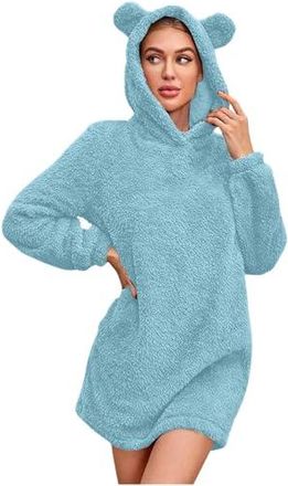 Generic 2026 Femmes Automne Hiver Sweat-shirts Mode Trois Longueurs Polaire Sweats à Capuche Robes Chaudes et Douces, bleu, XXL