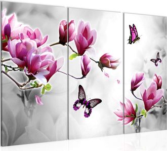 Runa Art Wandbilder Blumen Magnolien Bild XXL Wohnzimmer Schlafzimmer Grau Rosa Schmetterling 120 x 80 cm 3 Teilig 036931a