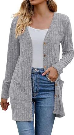 Generic Cardigan long et l&eacute;ger pour femme - Cardigan basique c&ocirc;tel&eacute; - Cardigan d&eacute;contract&eacute; en tricot avec poches - Manteau long de printemps - V&ecirc;tement dext&eacute;r