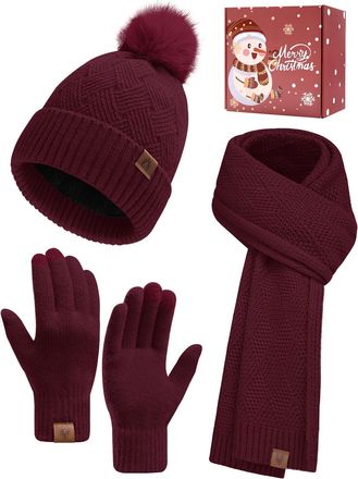 Heekpek Voqeen Damen Schal Mütze Handschuhe Set Winter Warm Weich Strickschal Lang Dicker Fleece Beanie Mütze mit Bommel Touchscreen Handschuhe Geschenkset fü