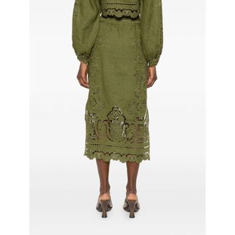 Farm Rio Floral Cut-Out Linen Skirt - Green