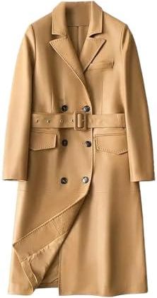 Generic Trench en cuir v&eacute;ritable pour femme - Ceinture &agrave; lacets d&eacute;contract&eacute;e classique &agrave; double boutonnage en peau de mouton, kaki, XL