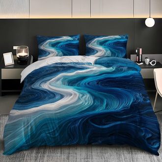 Generic Blau-Wei&szlig;e Flie&szlig;textur Bettw&auml;sche 200x220 Abstrakte Kunst Bettw&auml;sche-Sets Bettbezug Set 3D Druck Bettbez&uuml;ge Weiche Mikrofaser mit Rei&szlig;veschluss und 2 