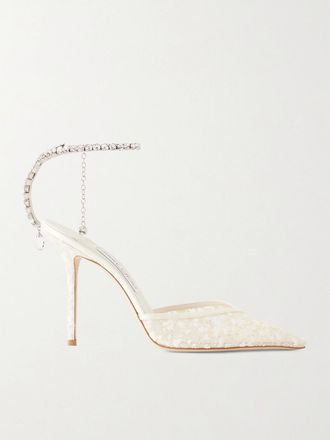 Jimmy Choo London Escarpins En R&eacute;sille &Agrave; Paillettes Et &Agrave; Cristaux Saeda 100 - Blanc