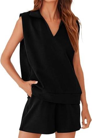 Generic Ensemble 2 pi&egrave;ces court d&eacute;t&eacute; pour femme avec col en V et sans manches, Noir, XXL