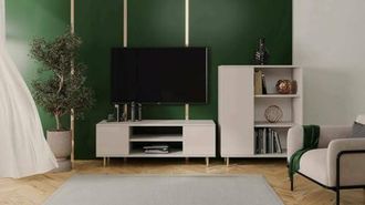 Dmora Fernsehschrank Tychy, Ständer für Wohnzimmerfernseher, Niedriges Wohnzimmer-Sideboard, TV-Ständerbasis, 48x155 h40 cm, Beige