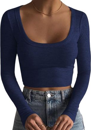 Minetom Damen Langarm T-Shirt mit Quadratischer Ausschnitt Basic Langarmshirt Crop Tops Bauchfrei Oberteile Sweatshirt Pullover Top Herbst Ribbed A Marineblau