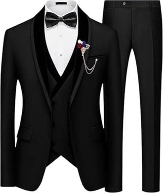 Generic Costume 3 pièces pour homme avec un bouton, coupe ajustée, pour dîner, mariage, bal de fin dannée, smoking, blazer, gilet et pantalon, Noir, 5XL