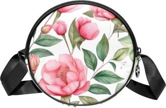 Generic Petit sac &agrave; bandouli&egrave;re circulaire pour femme, motif feuilles florales, sac &agrave; dos avec fermeture &eacute;clair, bretelles r&eacute;glables, sac &agrave; main rond d&eacute;contra