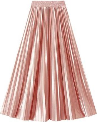 Generic Jupe Haute en Satin plissée Coupe A-Line Jupe mi-Longue Fluide pour Bureau, soirée ou événements élégants