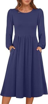 Generic Robe Automne Femme Manches Longue Casual &Eacute;l&eacute;gante Taille Haute Col Rond Robe Hiver Femme Mi Longue avec Poches Bleu XXL