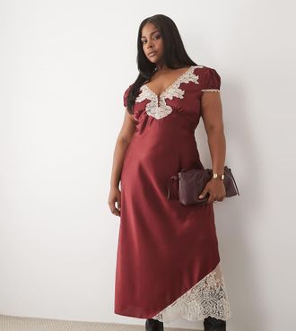 Asos Curve ASOS DESIGN Curve robe longue en satin style tea avec dentelle contrastante bordeaux-Rouge