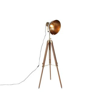 QAZQA Industrie I Vintage I Industrie I Vintage I Dreibein-Stehlampe Bronze mit Holz - Mangos I Wohnzimmer I Schlafzimmer - Länglich - LED geeignet E27