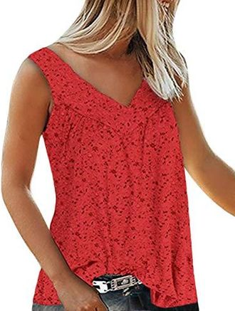 ORANDESIGNE T-Shirt Femme Grande Taille Tee Shirt Ete Chic Lâche Fleur Imprime Manche Courtes Col V Sexy Top Blouse Casual Haut Tunique Chemise B Rouge L