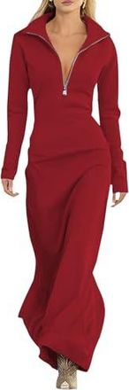 Generic Robe maxi &agrave; manches longues pour femme - Design sweat-shirt - Col zipp&eacute; - Col en V - Streetwear - &Eacute;paules d&eacute;nud&eacute;es - Sexy, rouge, XXL