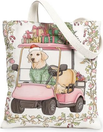 Generic Sacs fourre-tout en toile pour chien de No&euml;l, motif animal de vacances, sacs d&eacute;picerie r&eacute;utilisables, vintage floral, l&eacute;ger et lavable, taille S, blan
