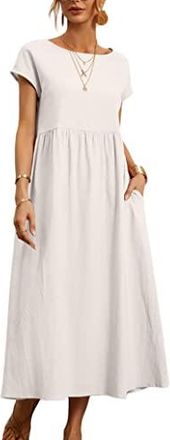 ORANDESIGNE Robe Tunique Femme Coton Et Lin Manches Courtes Chic et Elegant Longue Swing Robe Plage Boho Ample Robe Tee Shirt avec Poche Maxi Robe Grande Taille D