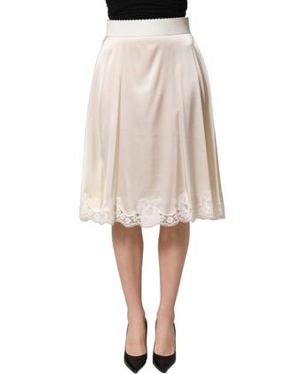 Dolce & Gabbana Womens Off White Lace Trimmed Satin High Waist Skirt Silk