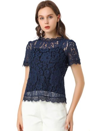 Allegra K Damen Dirndlbluse Mesh Oberteil Kurzarm Durchsichtig Rundhals R&uuml;schen Blumen Spitze Bluse Shirt Navy Blau S
