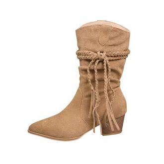 Generic Bottes mi-mollet pour femme - Bottes western d&eacute;contract&eacute;es - Couleur unie - Bout pointu - &Eacute;l&eacute;gant talon &eacute;pais - Sangle &agrave; pompons - Bottes de cowboy &agrave; 