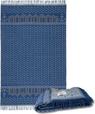 &Ouml;jbro Vantfabrik Skaft&ouml; Marin gewebte Wolldecke mit Fransen 130x200 cm blau/grau/beige 100% Schafwolle Strick-PlaidTagesdecke Quilt warm weich - Hergestellt in Schwede