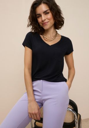 Tamaris T-Shirt TAMARIS, Damen, Gr. 36, schwarz, Jersey, Obermaterial: 95% Viskose, 5% Elasthan, Basic, l&auml;ssig geschnitten h&uuml;ftbedeckend, V-Ausschnitt, Shirts