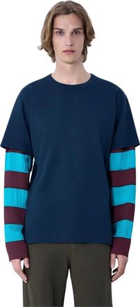 Dries Van Noten Homme, Tops, Bleu, Taille: S Contras Sleeves T-Shirt