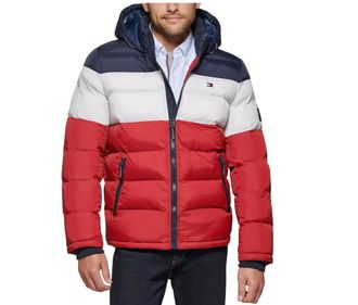Tommy Hilfiger Herren Daunenalternative Daunenjacke mit Kapuze (Standard und Big & Tall) Daunenoberbekleidung, Midnight/White/Red, XL