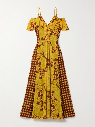 Diane Von F&uuml;rstenberg Aya Schulterfreies Maxikleid Aus Recyceltem, Bedrucktem Cr&ecirc;pe De Chine Mit R&uuml;schen - Gelb