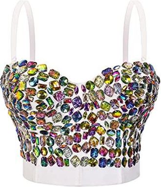 Generic 2026 Vêtements de performance cousus à la main Boîte de nuit Strass Porte-jarretelles Paillettes Corset Top Femmes, blanc, S