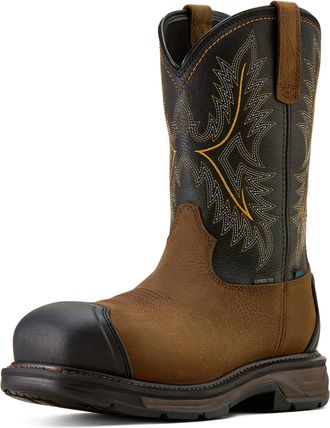Ariat Mens WorkHog XT Waterproof Wide Square Toe Carbon Work Boots in Rye Brown Black, EE Wide Width, Size 42.5, by Ariat