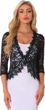 Allegra K Boléro en Dentelle Florale Femme Manches 3/4 Élégant Cardigan Court Transparent Gilet Léger pour Invité de Maraige Noir XL