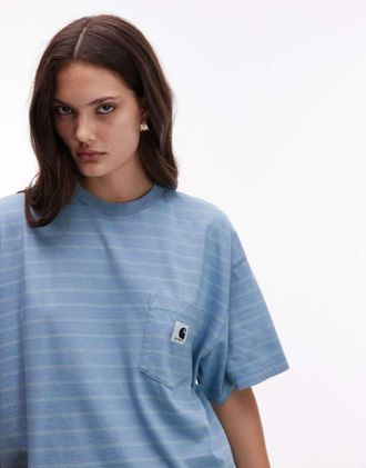 Carhartt Work in Progress Brodina - T-shirt rayé à manches courtes et poche - Bleu