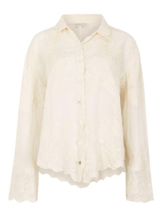 Apricot Floral Embroidered Cotton Shirt