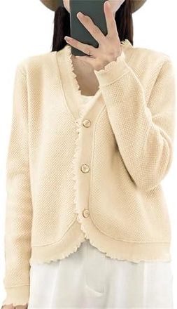 Generic Pull en laine &agrave; col en V pour femme - Cardigan &eacute;l&eacute;gant en tricot - Manteau court &agrave; manches longues, beige, Taille XL