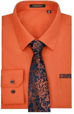 Hisdern Chemise Hommes Orange Manches Longues Chemise Habillée et Cravate sans Repassage Affaires Casual Mariage Slim Fit 3XL