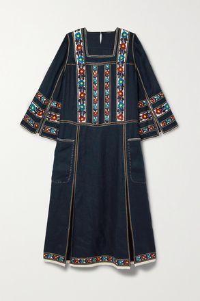Vita Kin Yelena Besticktes Midikleid Aus Leinengaze Mit H&auml;kelbes&auml;tzen - Blau