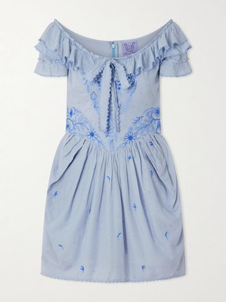 Thierry Colson Falbala Schulterfreies Minikleid Aus Baumwoll-voile Mit Schleife, R&uuml;schen, Raffungen Und Stickereien - Blau