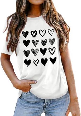 Generic T-shirt graphique &agrave; manches courtes pour femme avec motif coeur pour la Saint-Valentin 2026, blanc, XXL
