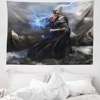 Abakuhaus Wikinger Wandteppich, Thor Mjölnir und Donner aus Weiches Mikrofaser Stoff Waschbar ohne Verblassen Digitaldruck, 150 x 110 cm, Grau