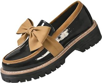 Generic Mocassins Loafer Femme en Cuir Verni Noeud Chaussures De Marche &agrave; Plateforme sans Lacets Semelle Chunky Elegant Style Britannique Chaussure D&eacute;contract