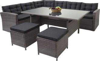 Mendler Poly-Rattan-Garnitur HWC-A29, Gartengarnitur Sitzgruppe Lounge-Esstisch-Set Sofa + 2X Hocker - grau, Kissen grau