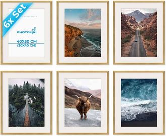 Photolini Bilderrahmen 40x50 gold Holz MDF, 6er Set Bilderrahmen 50x40 gold mit Passepartout, bruchsicheres Acrylglas, Rahmen 40x50 zum Aufhängen mit Zubehör - 