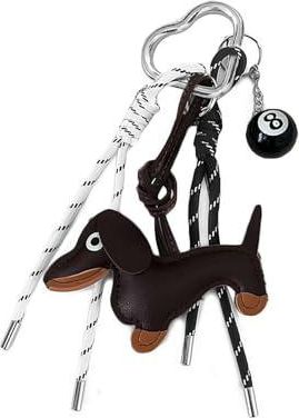 Generic Porte-clés motif teckel pour sac à main, porte-clés amusant en cuir avec breloque de baseball noire à 8 boules de baseball, porte-clés chiot pour sac 