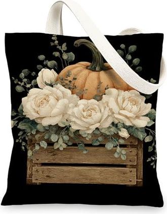 Generic Sacs fourre-tout vintage en toile à motif floral rustique, sacs de courses réutilisables, légers et lavables, noir, 13x15 Inch