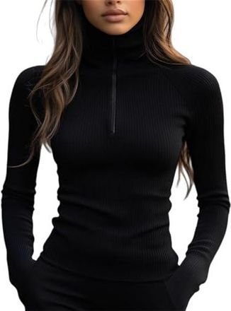 Generic Pull &agrave; col roul&eacute; c&ocirc;tel&eacute; pour femme - Couche de base thermique &agrave; manches longues - Tenue dautomne tendance, Noir, XXL