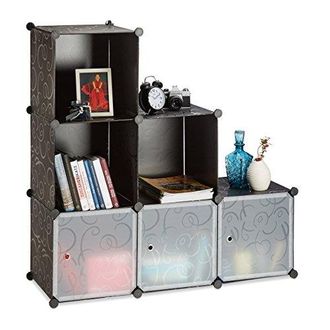 Relaxdays Stufenregal schwarz, Treppenregal Kunststoff, Regalsystem Steckregal, Standregal groß, 6 Fächer, DIY, black