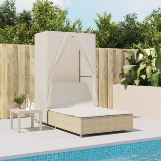vidaXL Doppel-Sonnenliege mit Dach und Vorh&auml;ngen Beige Poly Rattan - Vidaxl