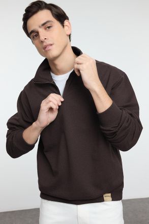 Trendyol MAN Herren Braun Slogan Lang Oversize Sweatshirts