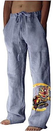 Generic Pantalon en lin pour hommes respirant : pantalon d&eacute;t&eacute; avec imprim&eacute; pantalon de plage avec taille &eacute;lastique pantalon de loisirs jambe droite pantalon &agrave;